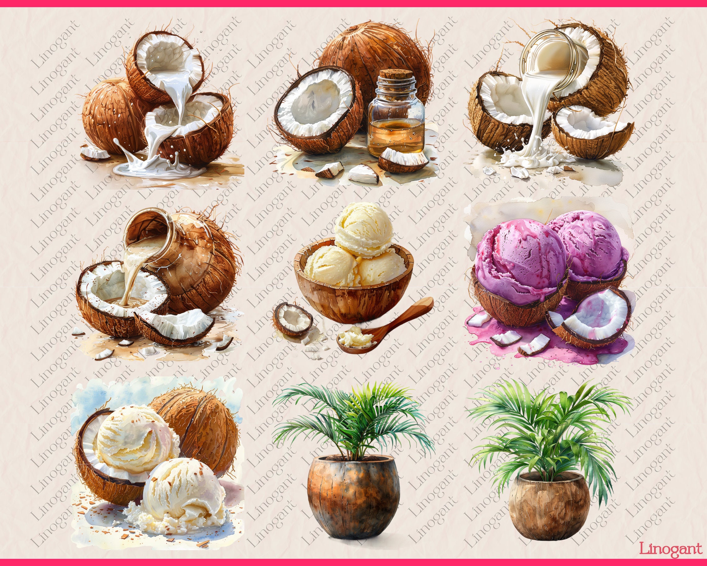 Watercolor Coconut Clipart Bundle, Tropical Clip Art Set, Coconut Trees ...