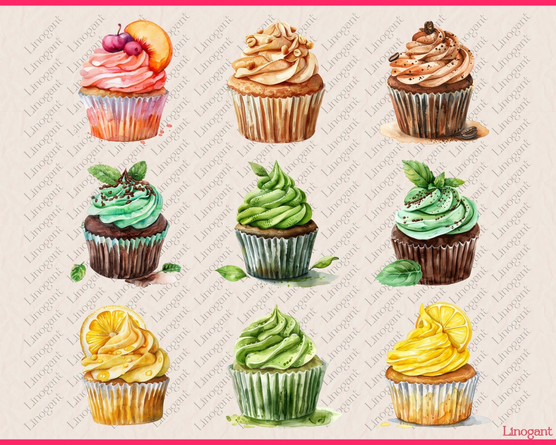 Watercolor Cupcake Clipart Bundle, Cupcakes Clip Art Set, Dessert PNG ...