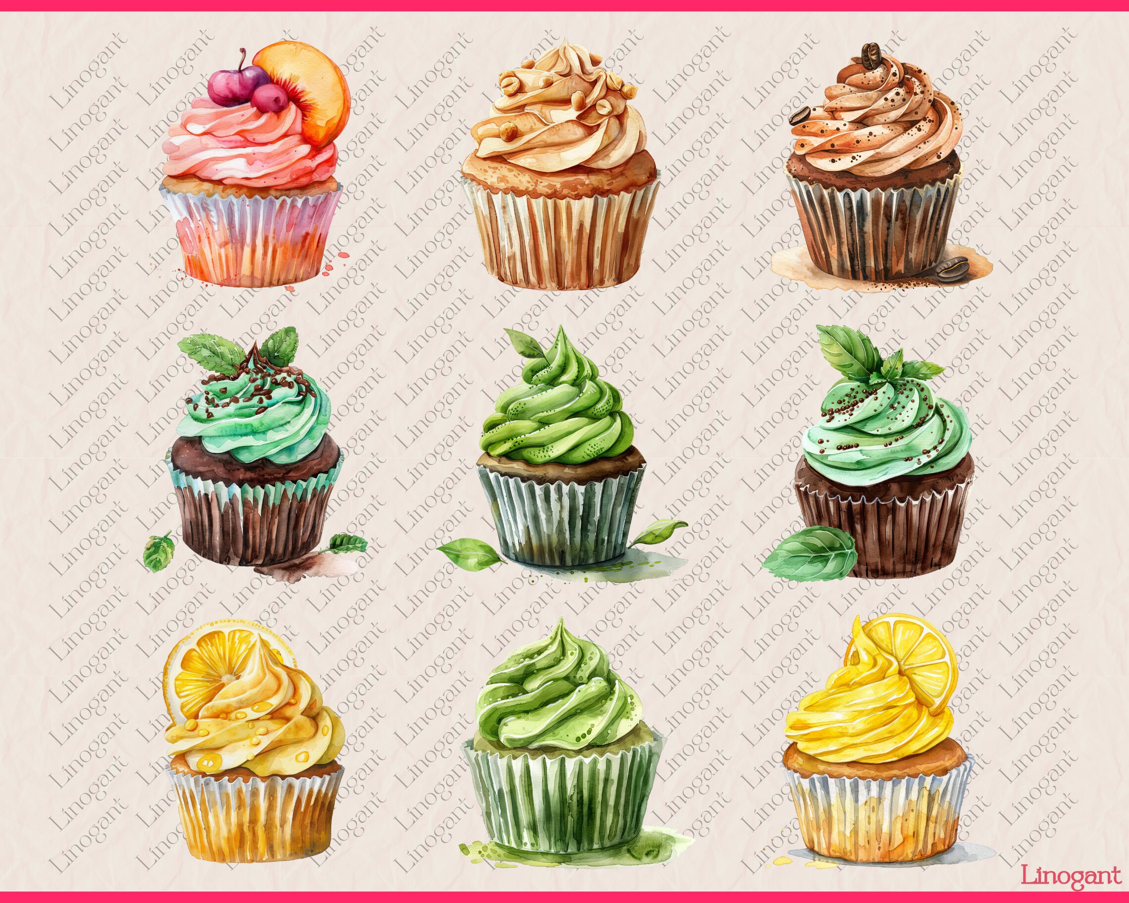 Watercolor Cupcake Clipart Bundle, Cupcakes Clip Art Set, Dessert PNG ...