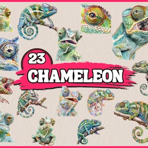 Watercolor Chameleon Clipart Bundle, Chamelon Clip Art Set, Wild Animal ...
