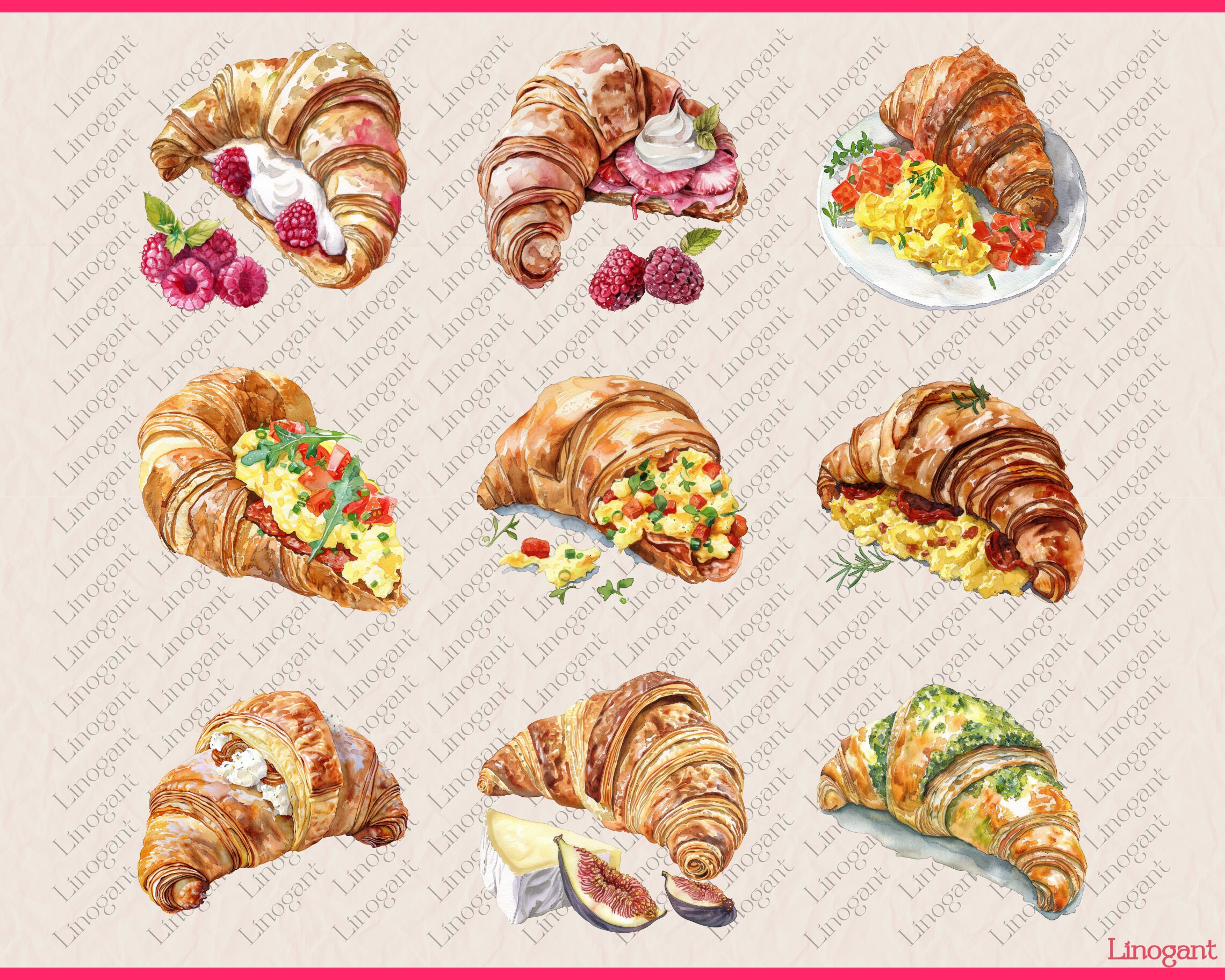 Watercolor Croissant Clipart Bundle, Breakfast Clip Art Set, Bakery ...