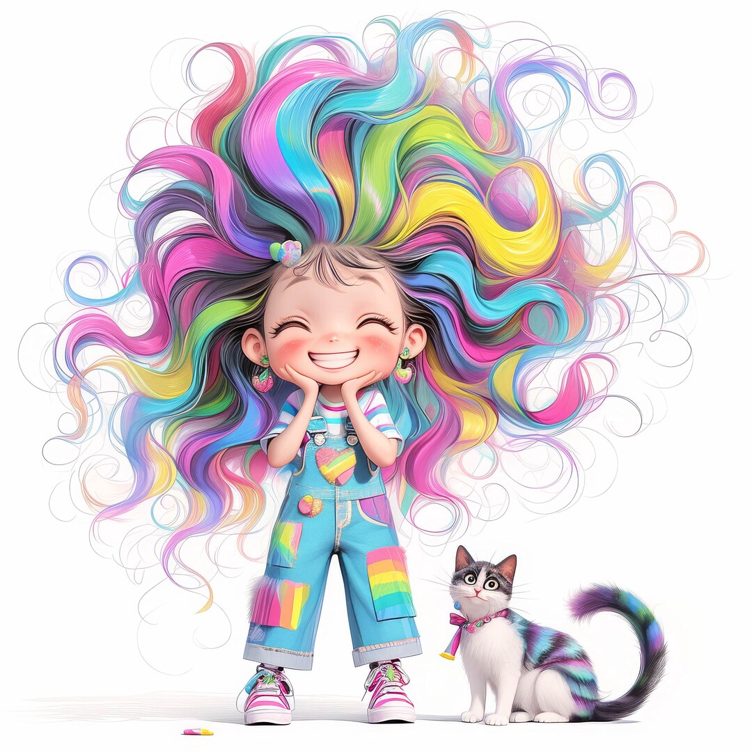 12 Quirky Girl With Cat Clipart | Cute Girl and Kitty | Printable ...