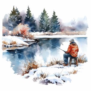 10 Ice Fishing Clipart Bundle, Winter Fisherman Illustration, Printable ...