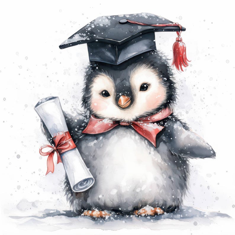 10 Graduation Penguins Clipart, Penguin With Red Scarves Illustration ...