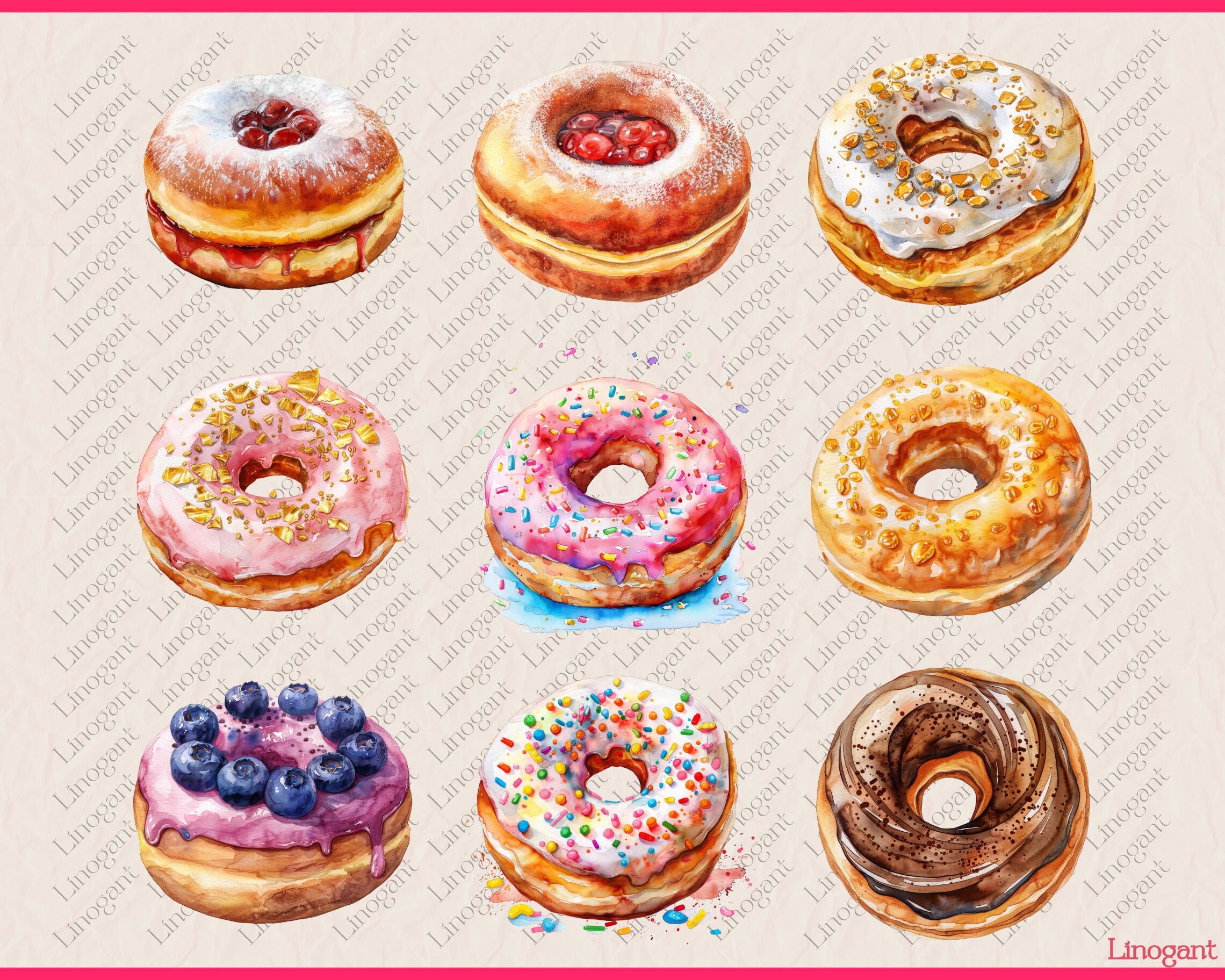 Watercolor Donut Clipart Bundle, Donuts Clip Art Set, Dessert PNG ...