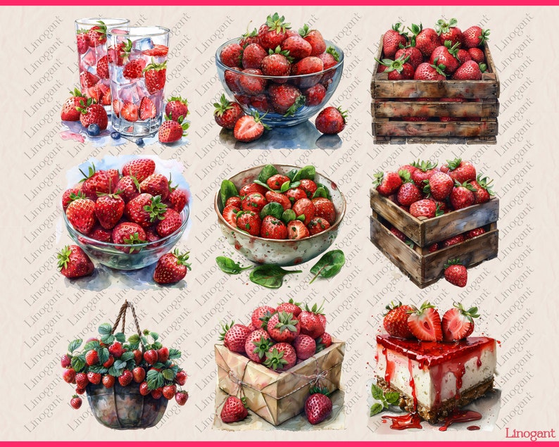 Watercolor Strawberry Clipart Bundle, Fruits Clip Art Set, Straw Berry ...
