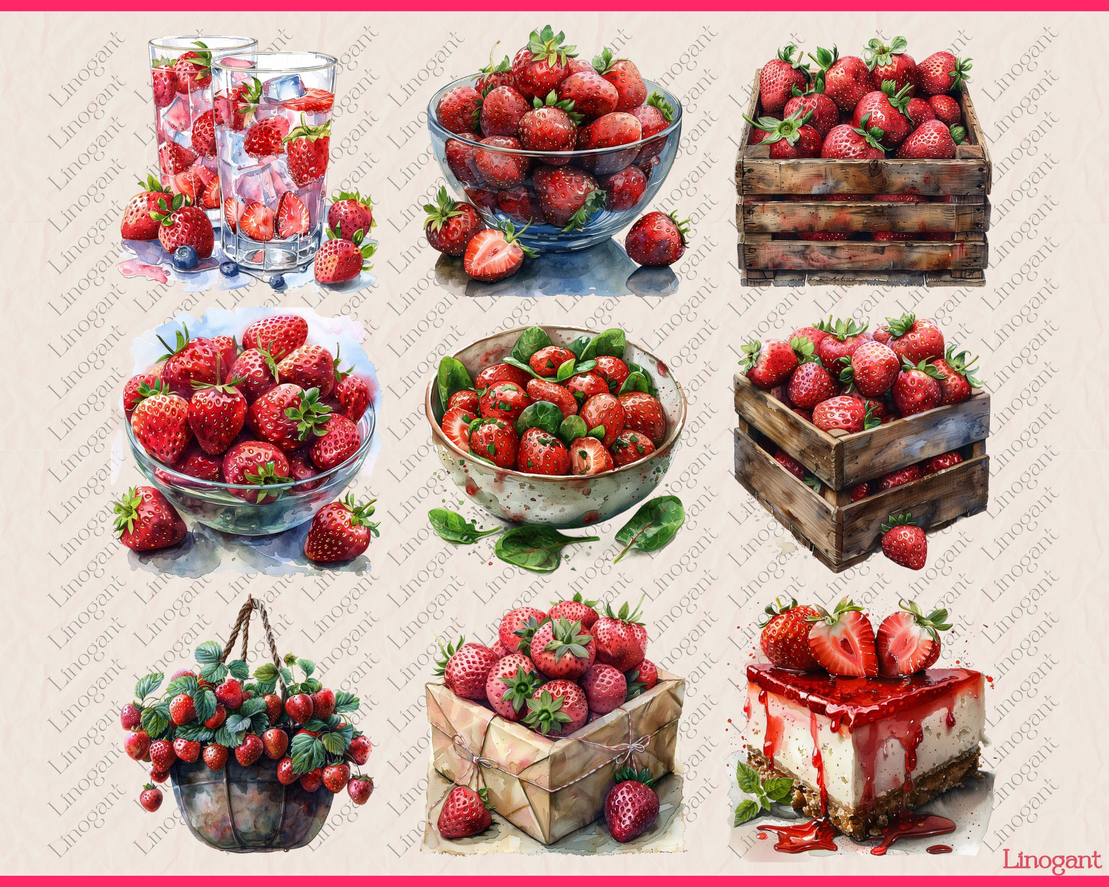 Watercolor Strawberry Clipart Bundle, Fruits Clip Art Set, Straw Berry ...