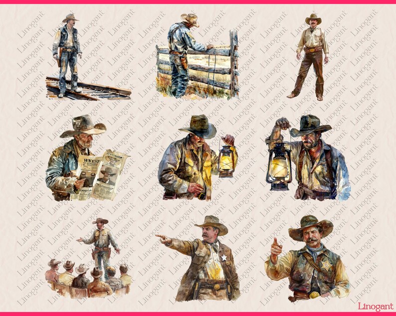 Watercolor Western Sheriff Clipart Bundle, Sheriff Riding Horse Clip ...