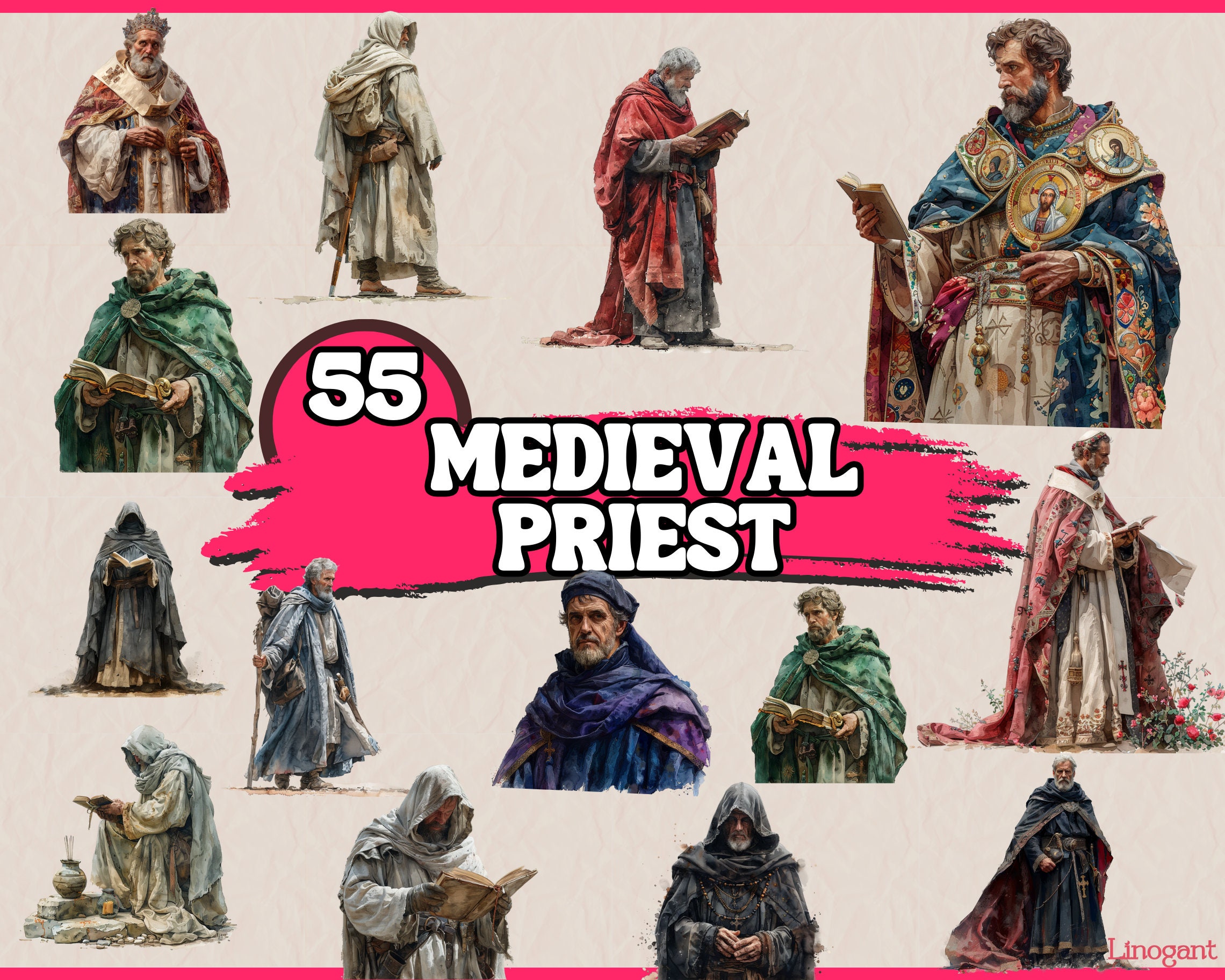 Watercolor Medieval Priest Clipart Bundle, Christianity Preacher Clip ...