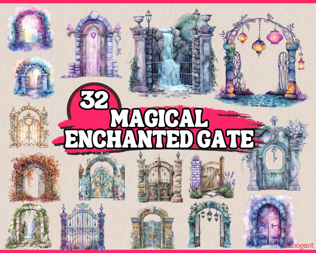 Watercolor Magical Enchanted Gate Clipart | Floral Portal,castle Door ...
