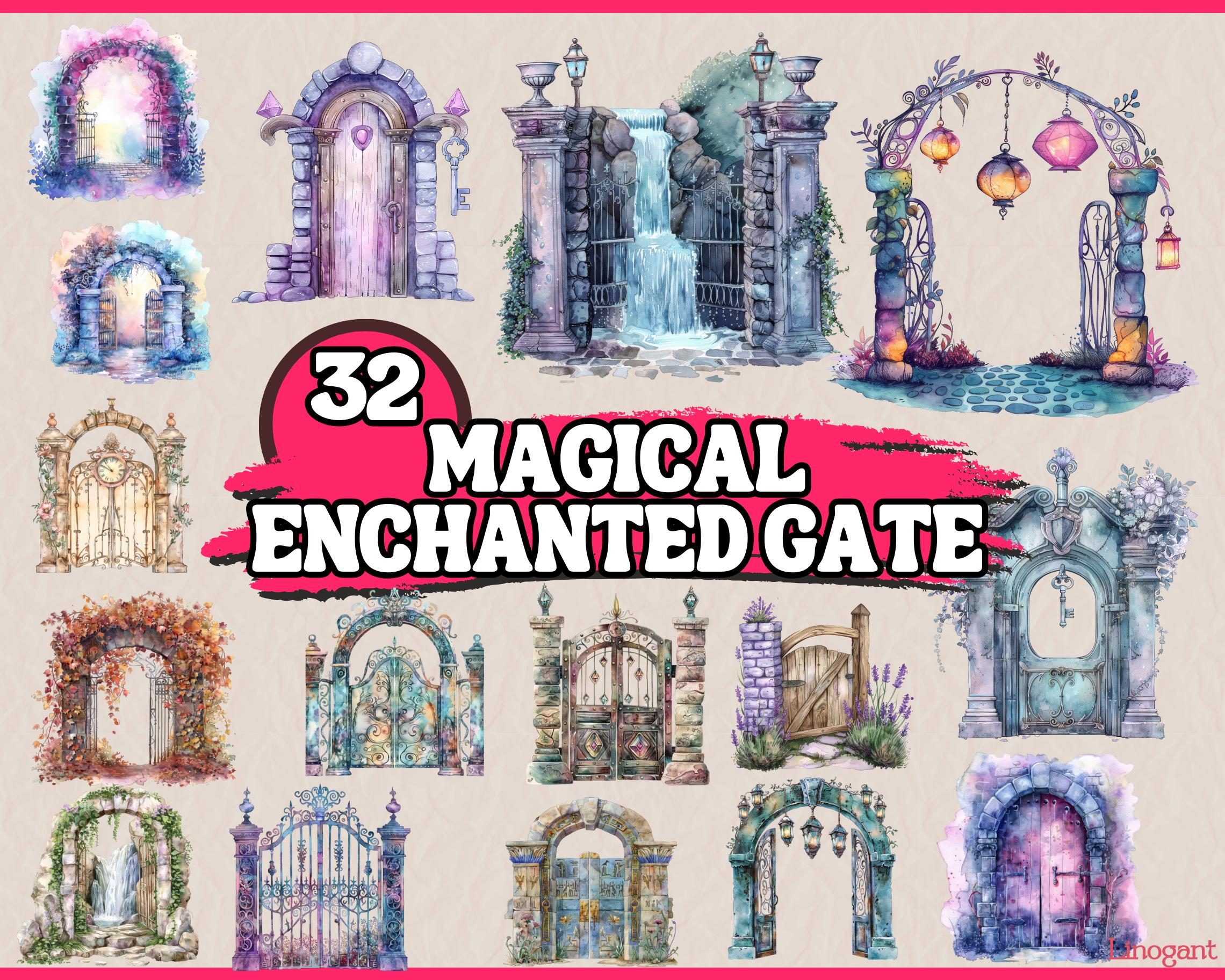 Watercolor Magical Enchanted Gate Clipart Floral Portal,castle Door ...