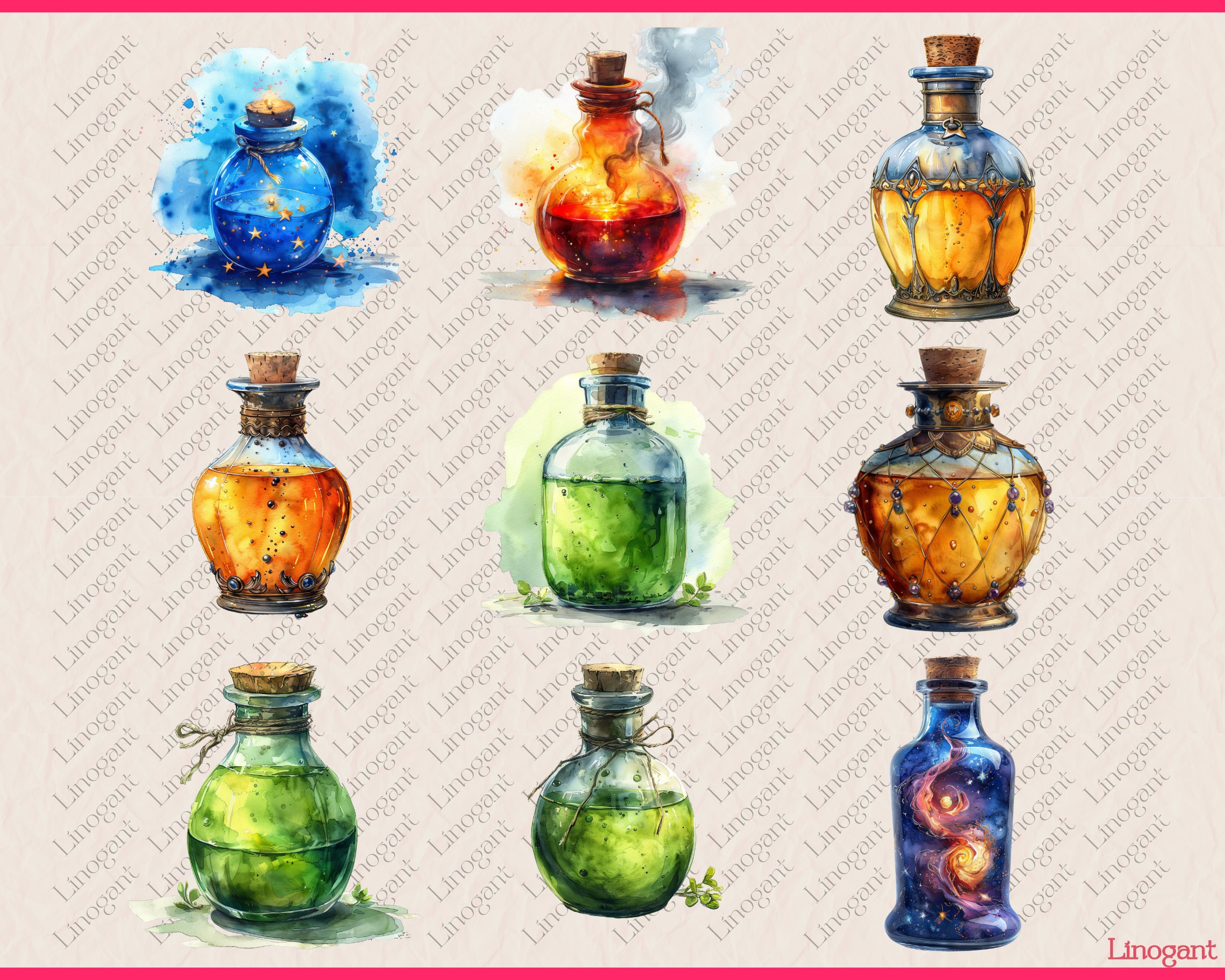 Watercolor Magical Potions Clipart Bundle, Flasks Clip Art Set, Fantasy ...