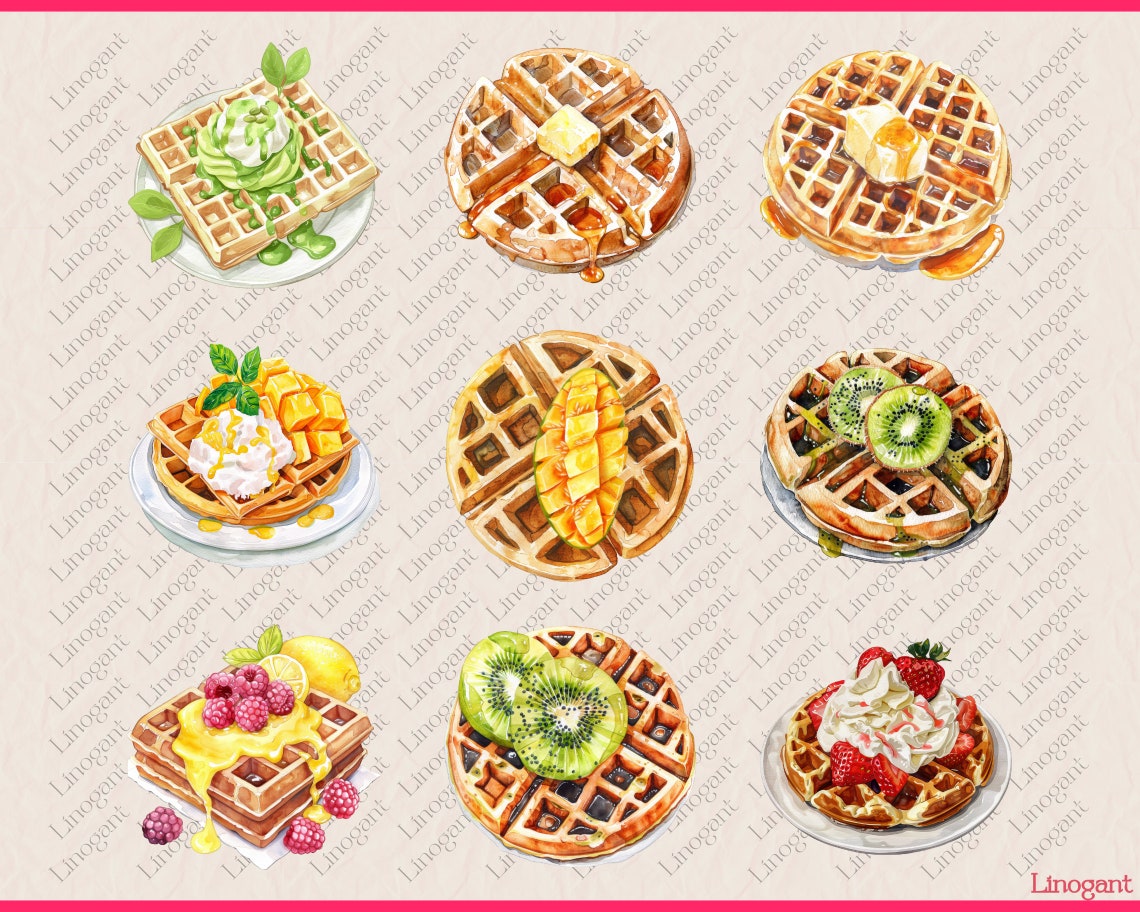 Watercolor Waffle Clipart Bundle, Food Clip Art Set, Bakery, Dessert ...