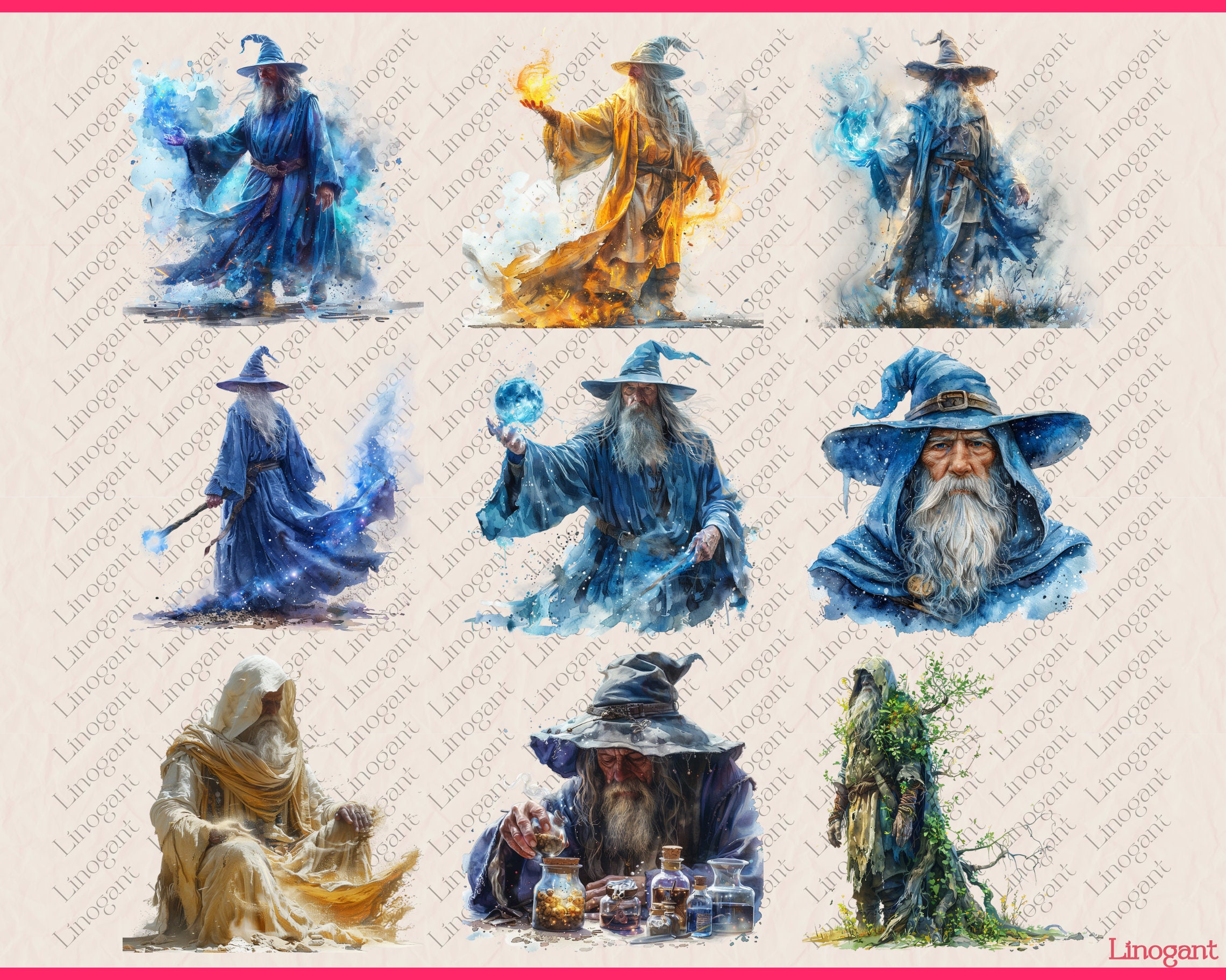 Watercolor Wizard Clipart Bundle, Elemental Magicians Clip Art Set ...