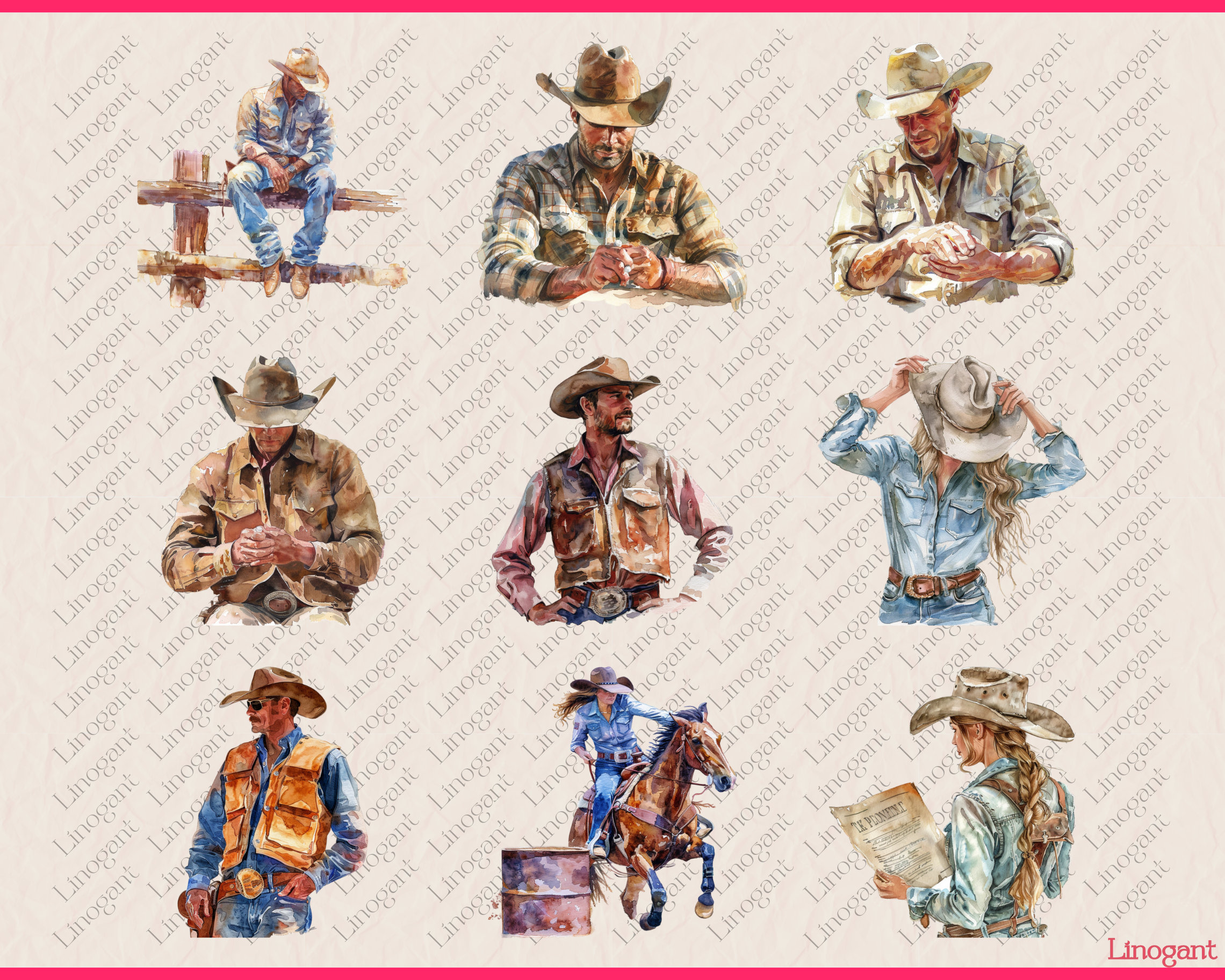 Watercolor Western Clipart Bundle, Rodeo, Sheriff, Cowboy, Cowgirl, Hat ...