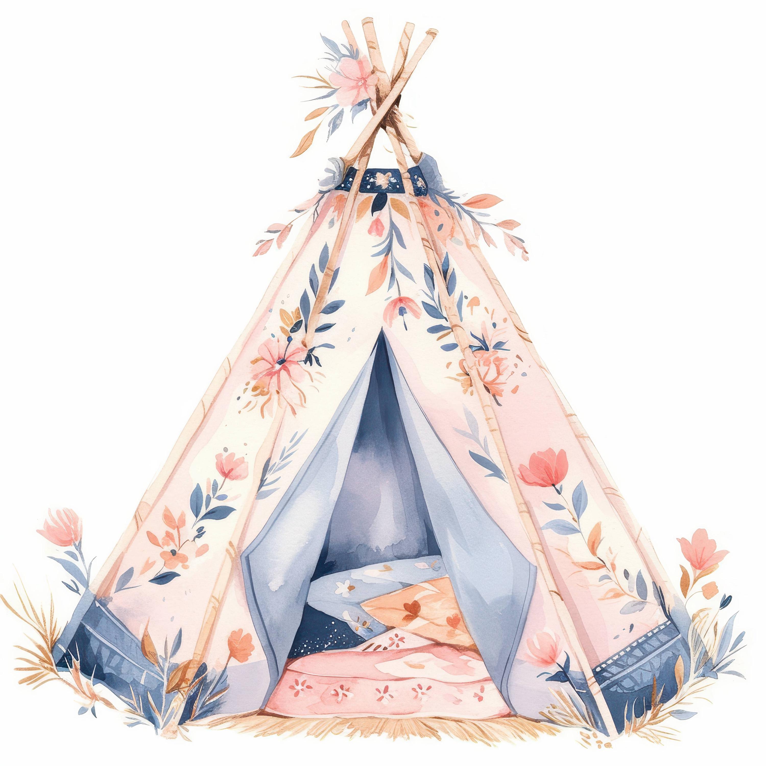 12 Blue Boho Tippy Tent Clipart Bundle, Minimalist Illustration ...