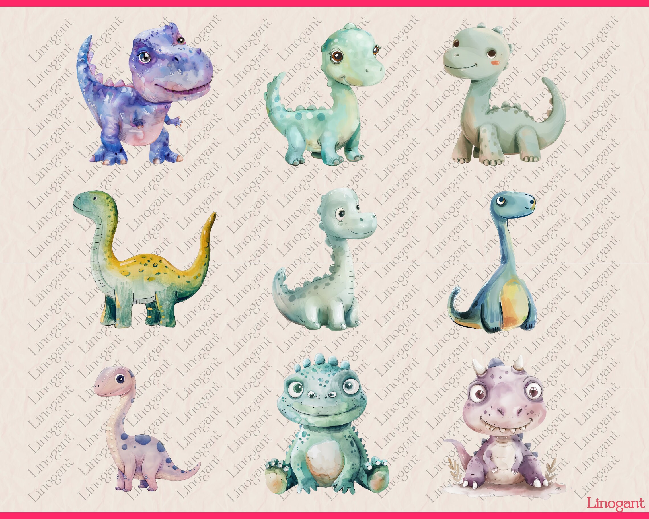 Watercolor Cute Dinosaur Clipart Bundle, Dino Nursery Decor Clip Art ...