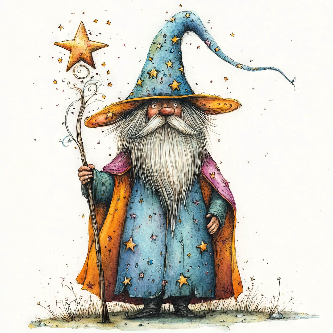 Quirky Starry Wizard Clip Art 14 High Res Watercolor Jpgs for Junk ...