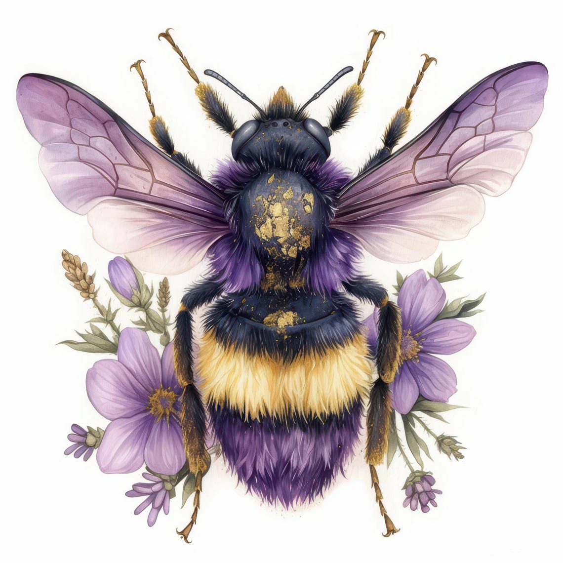 15 Purple Bee Clipart Bundle, Botanical Pollinator Illustration ...