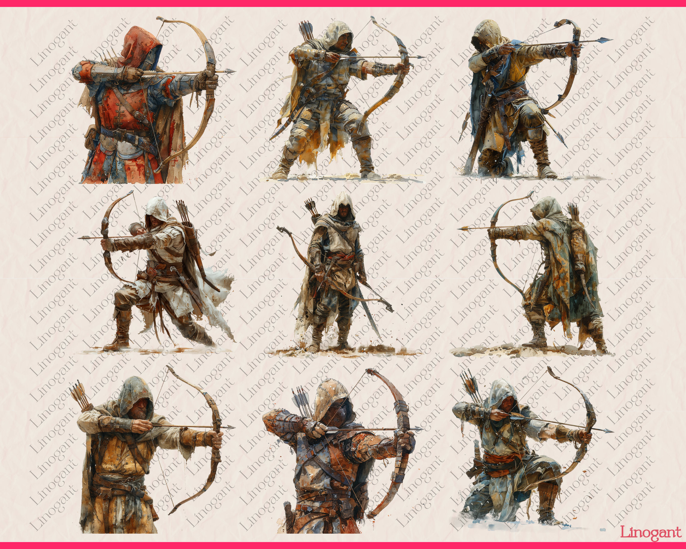 Watercolor Medieval Archer Clipart Bundle, Historical Bowman Clip Art ...