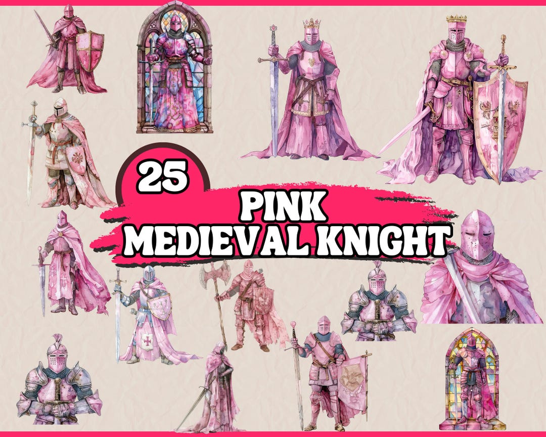 25 PNG Watercolor Medieval Knights With Sword, Pink Middle Age Clipart ...