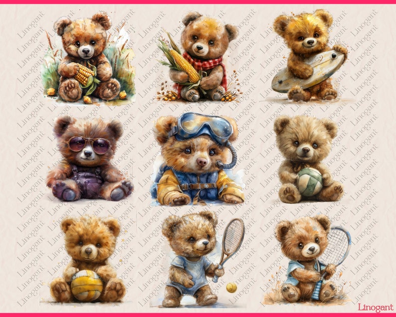 Watercolor Summer Teddy Bear Clipart Bundle, Summer Baby Bear Clip Art ...