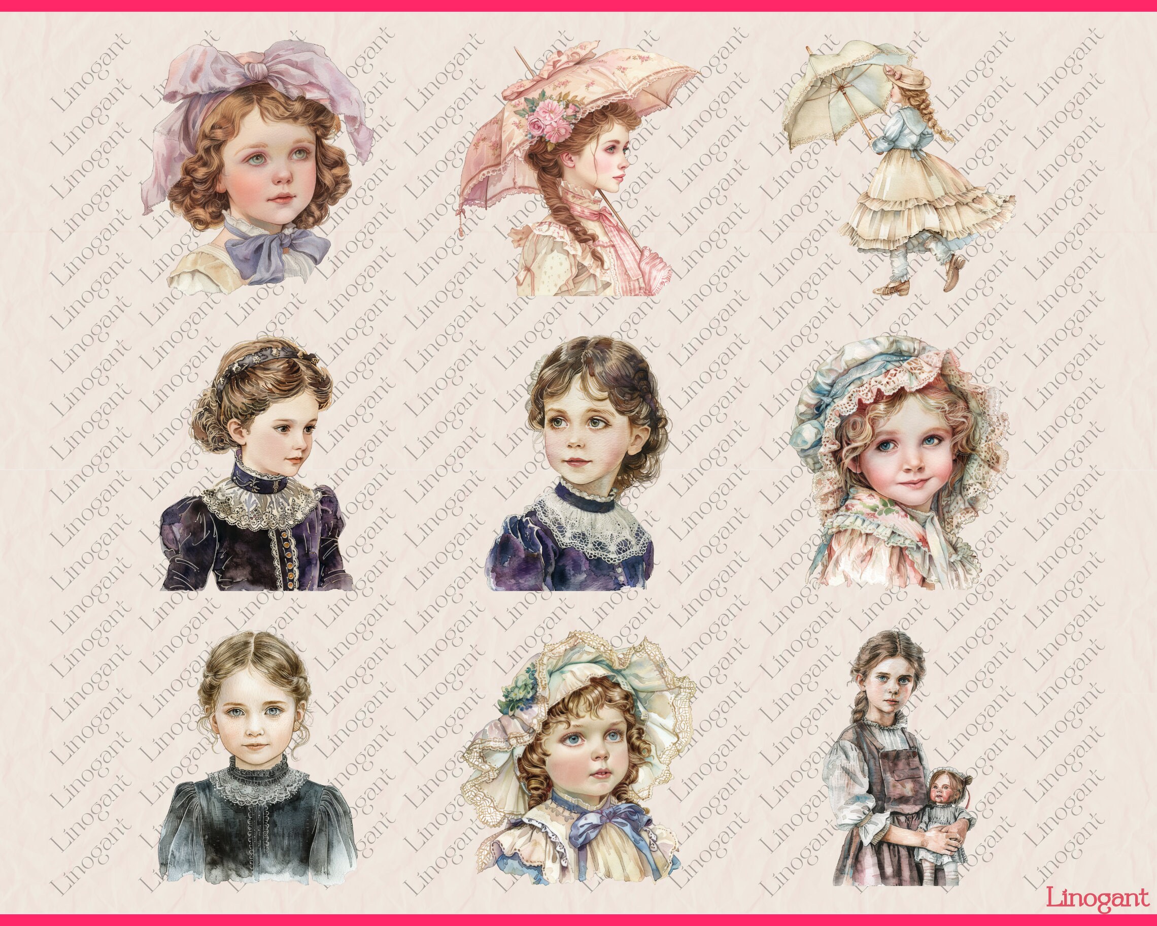 Watercolor Victorian Little Girl Clipart Bundle, Vintage Fashion Clip ...