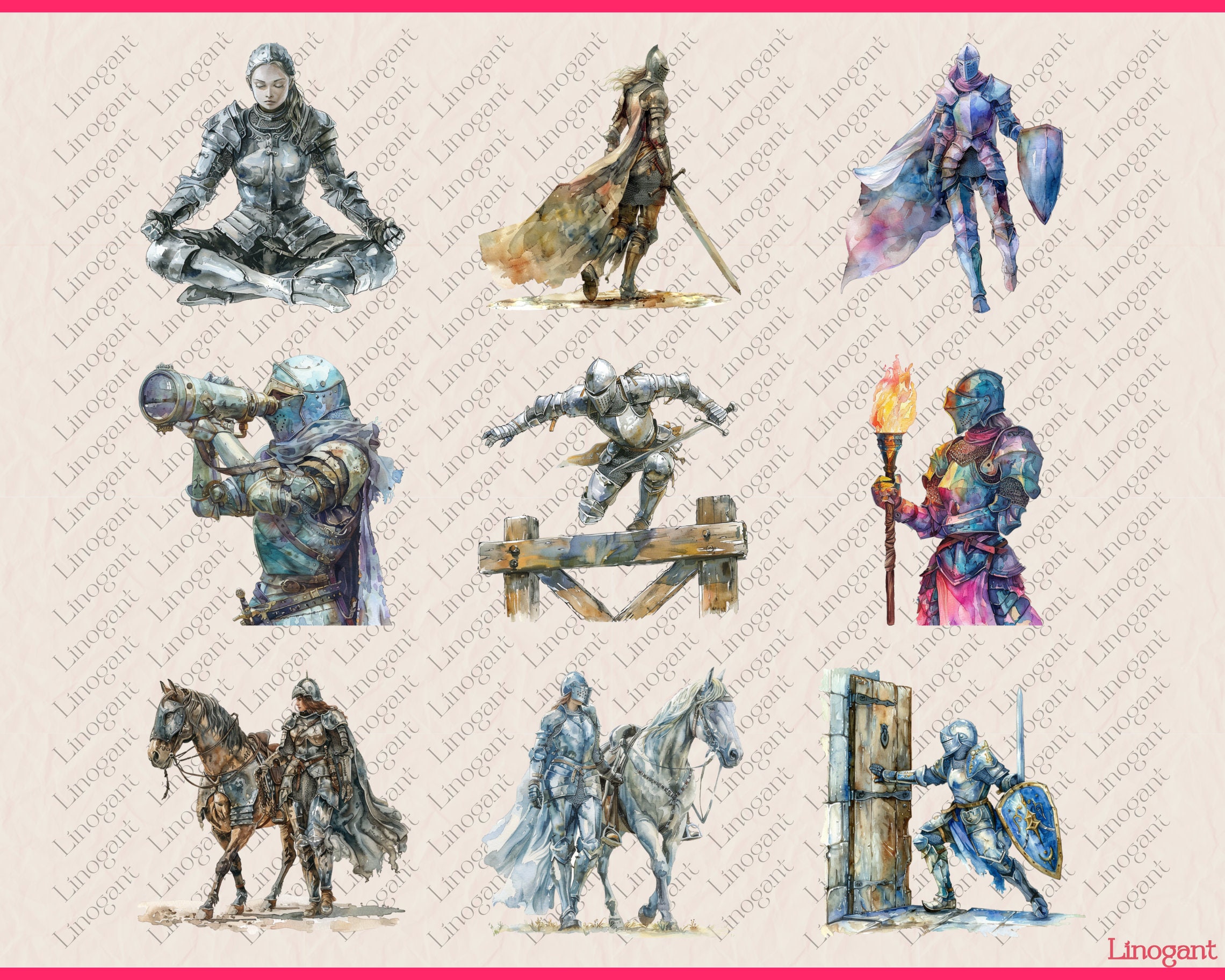 Watercolor Armored Female Knight Clipart Bundle, Fantasy Warrior Clip ...