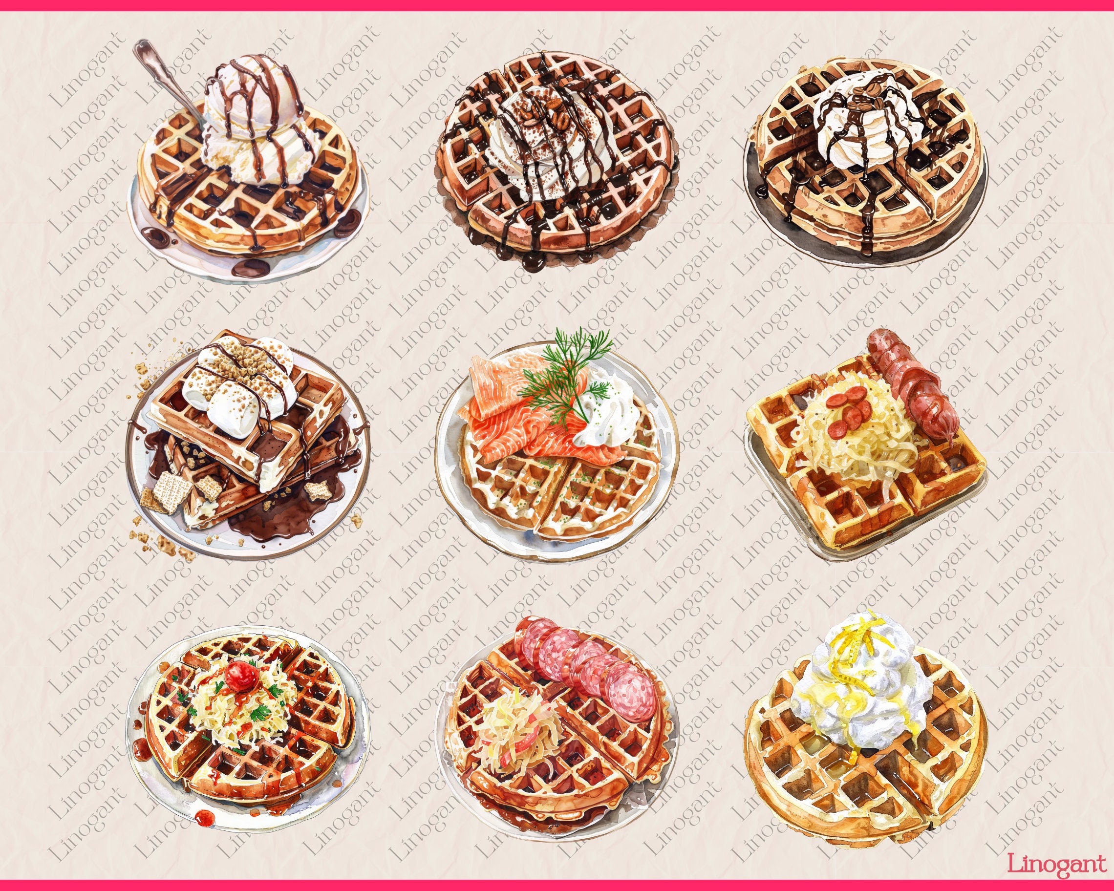 Watercolor Waffle Clipart Bundle, Food Clip Art Set, Bakery, Dessert ...
