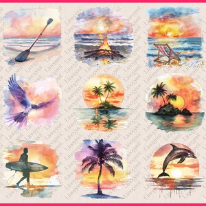 37 PNG Tropical Sunset Clipart | Summer Sunset at Beach, Watercolor Sun ...