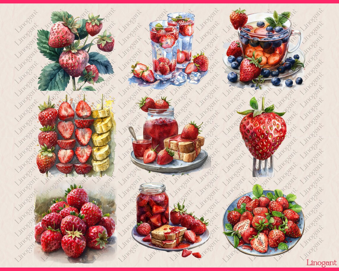 Watercolor Strawberry Clipart Bundle, Fruits Clip Art Set, Straw Berry ...
