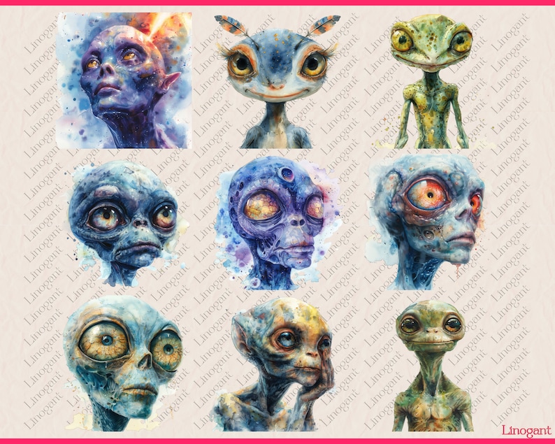 Watercolor Alien Portraits Clipart Bundle, Aliens Face Clip Art Set ...