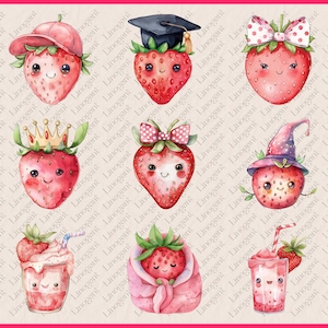 Watercolor Kawaii Strawberry Clipart Bundle, Cute Tropical Fruit Clip ...