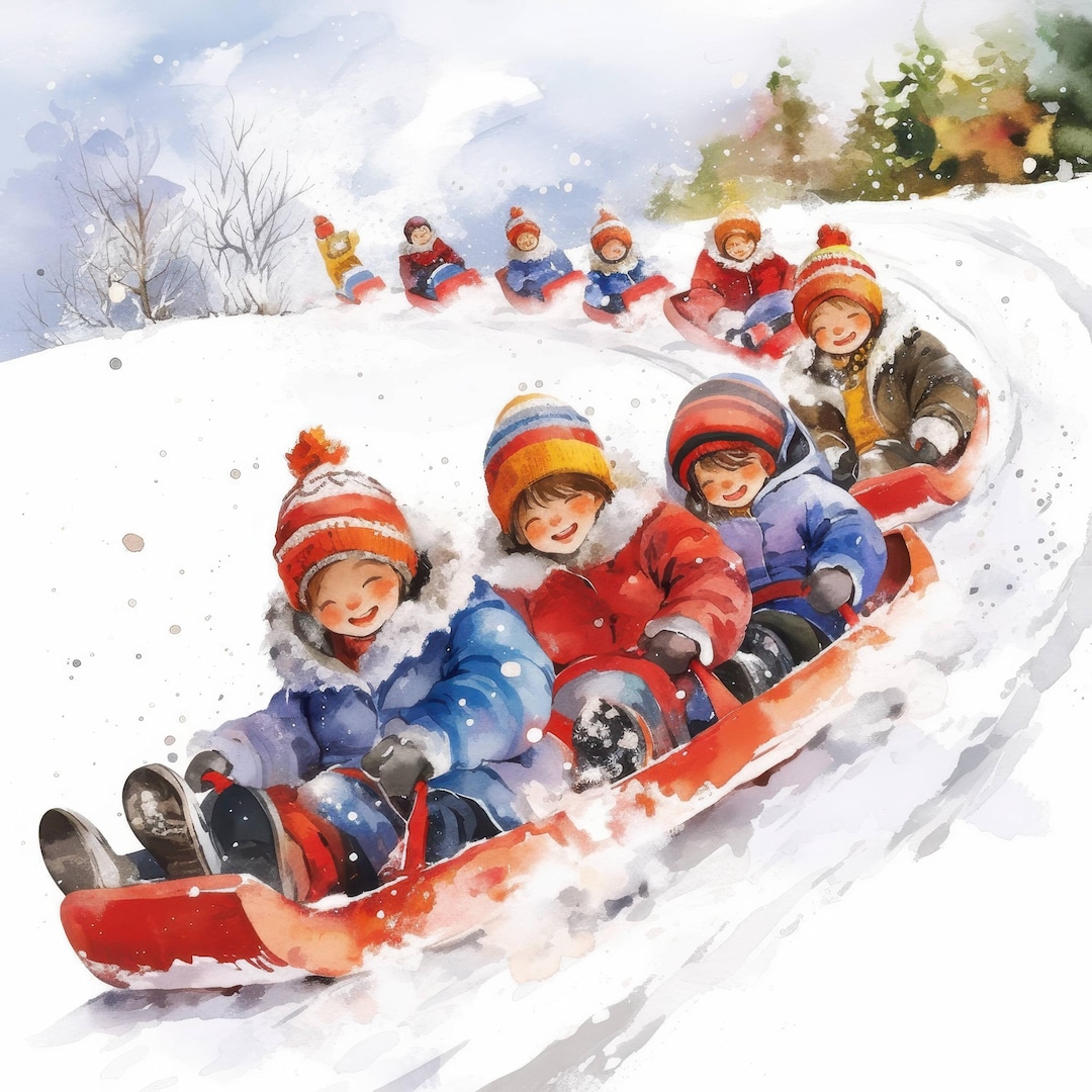 10 Winter Sledding Clipart Bundle, Festive Family Fun Design, Printable ...