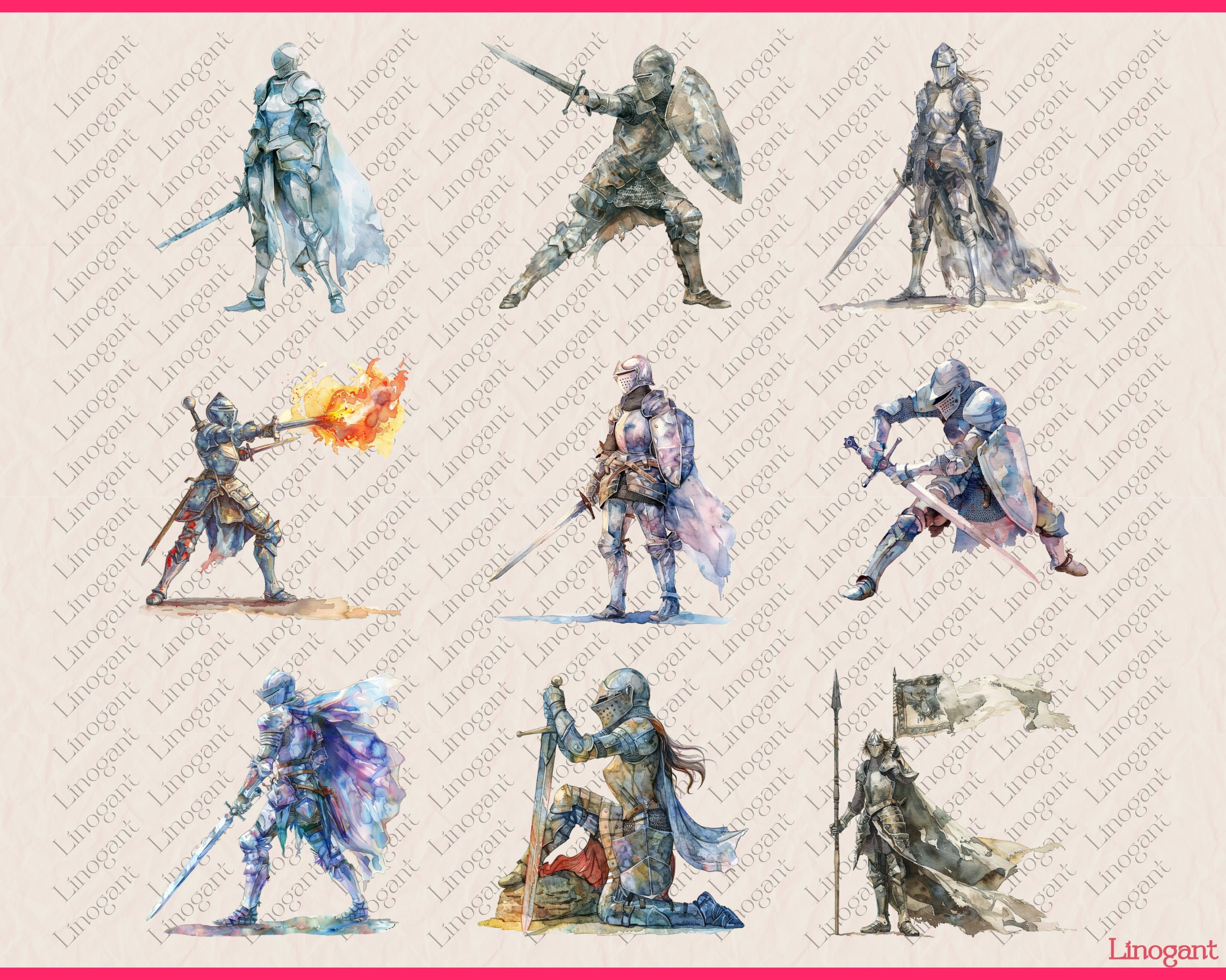 Watercolor Armored Female Knight Clipart Bundle, Fantasy Warrior Clip ...