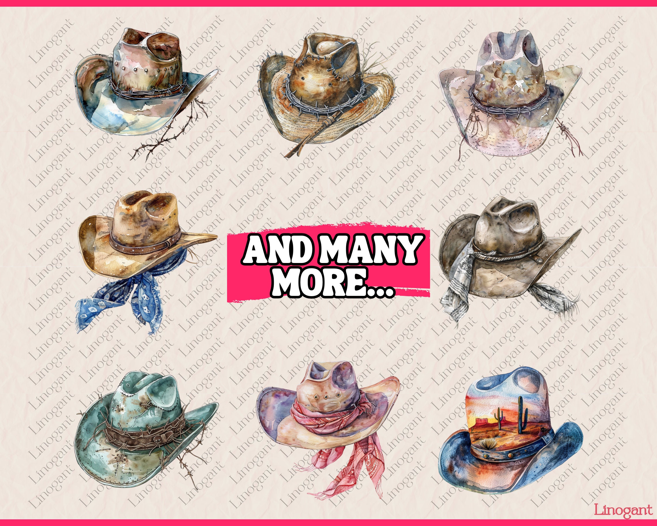 Watercolor Western Cowboy Hat Clipart Bundle, Cowgirl Hat Clip Art Set ...