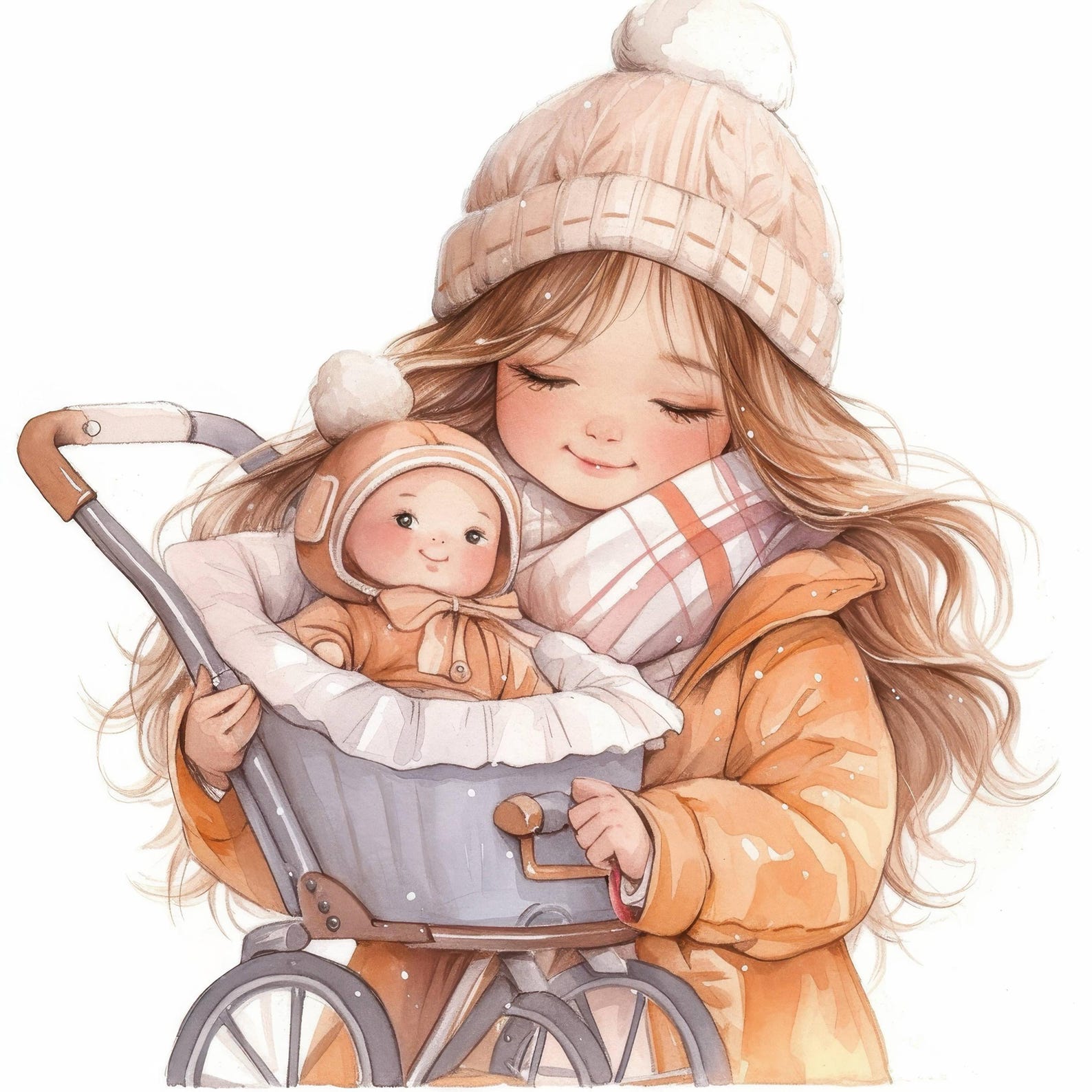 13 Girl With Doll Stroller Clipart Bundle, Cute Childhood Illustration ...
