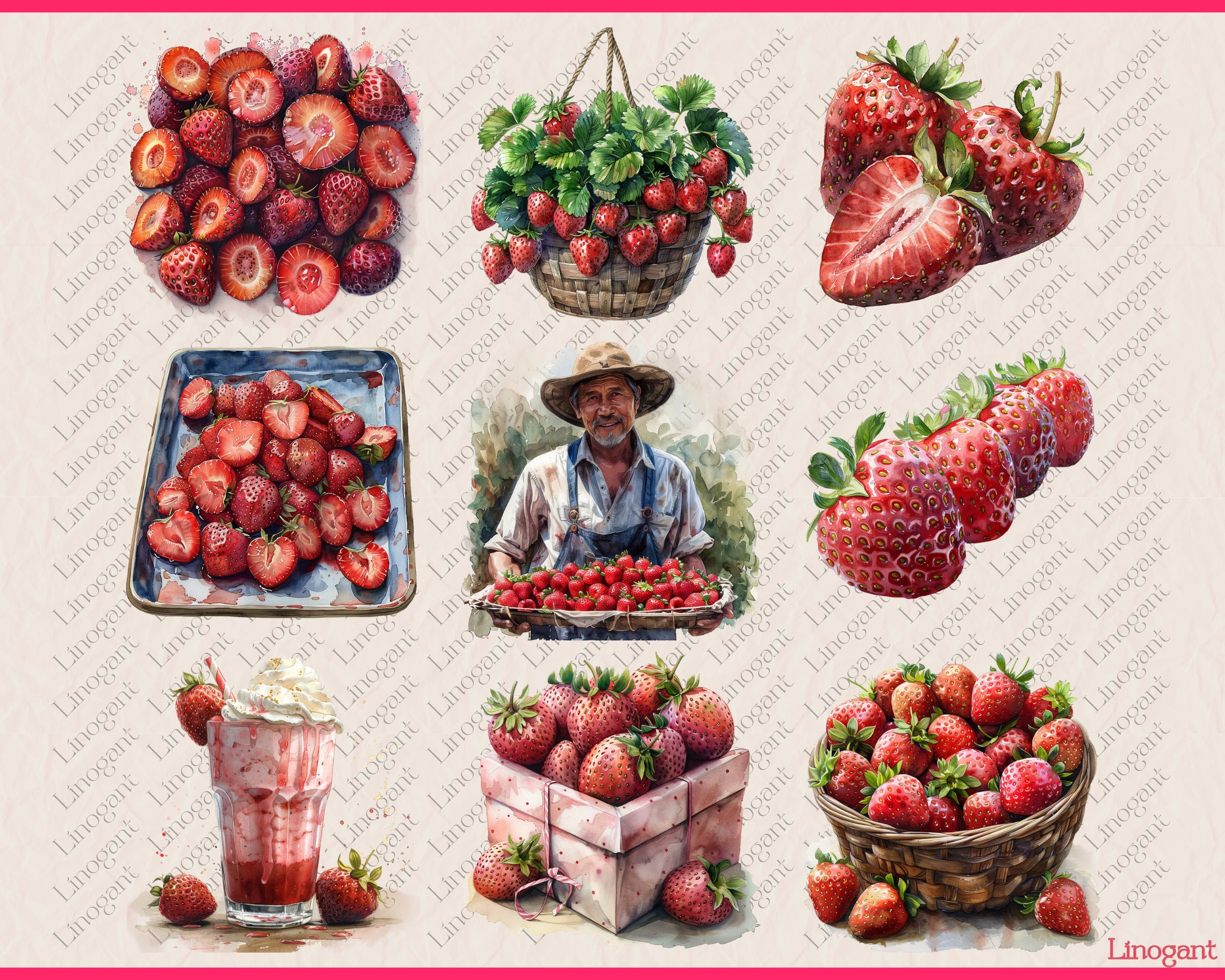 Watercolor Strawberry Clipart Bundle, Fruits Clip Art Set, Straw Berry ...
