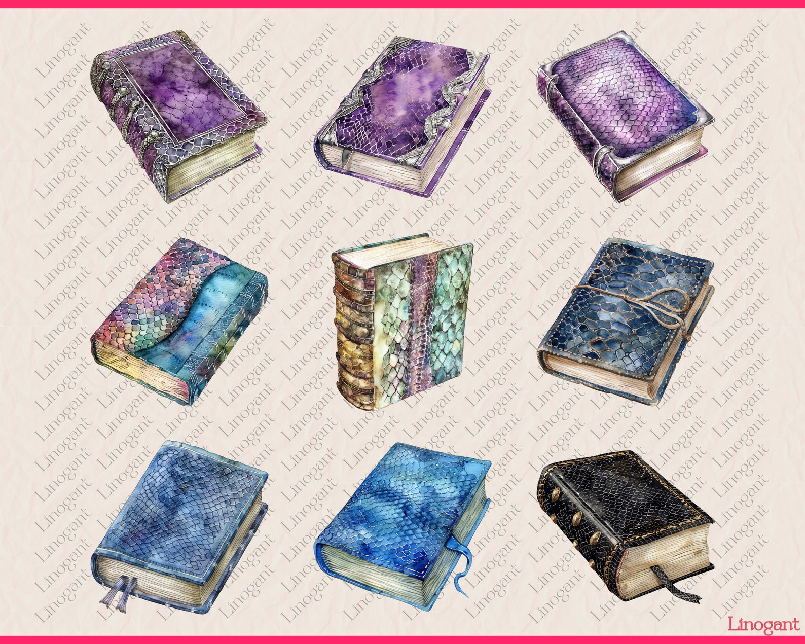 Watercolor Snakeskin Book Clipart Bundle, Grimoires Clip Art Set ...