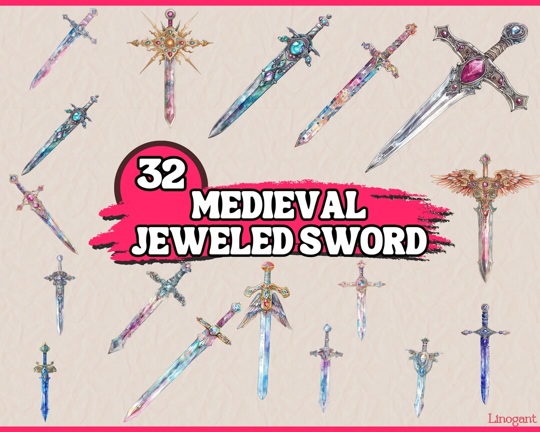 Watercolor Medieval Jeweled Sword Clipart Bundle, Historical Middle Age ...