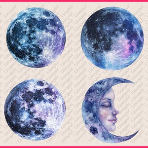Watercolor 25 PNG Mystical Moon Clipart Bundle, Whimsical Lunar Clip ...