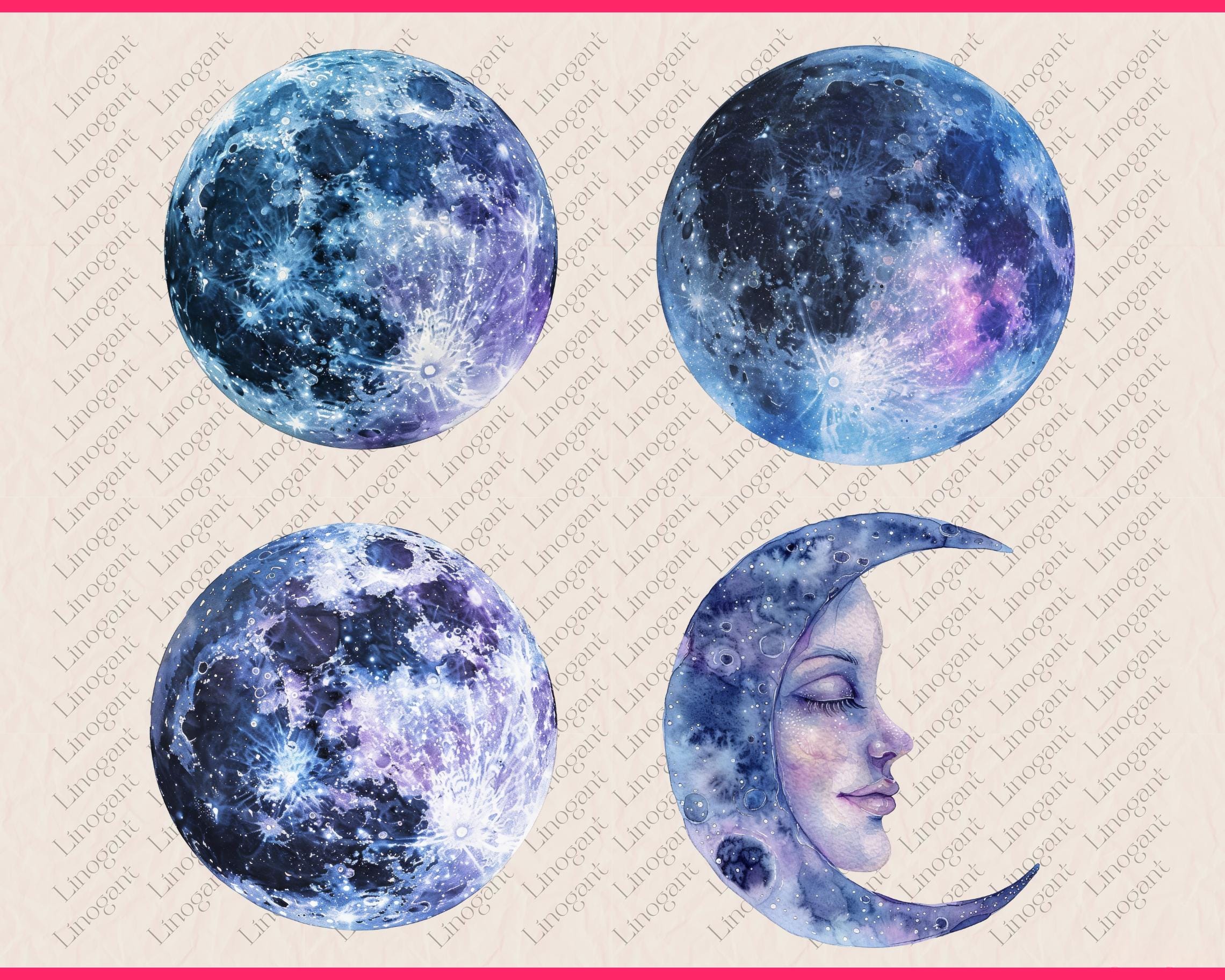 Watercolor 25 PNG Mystical Moon Clipart Bundle, Whimsical Lunar Clip ...