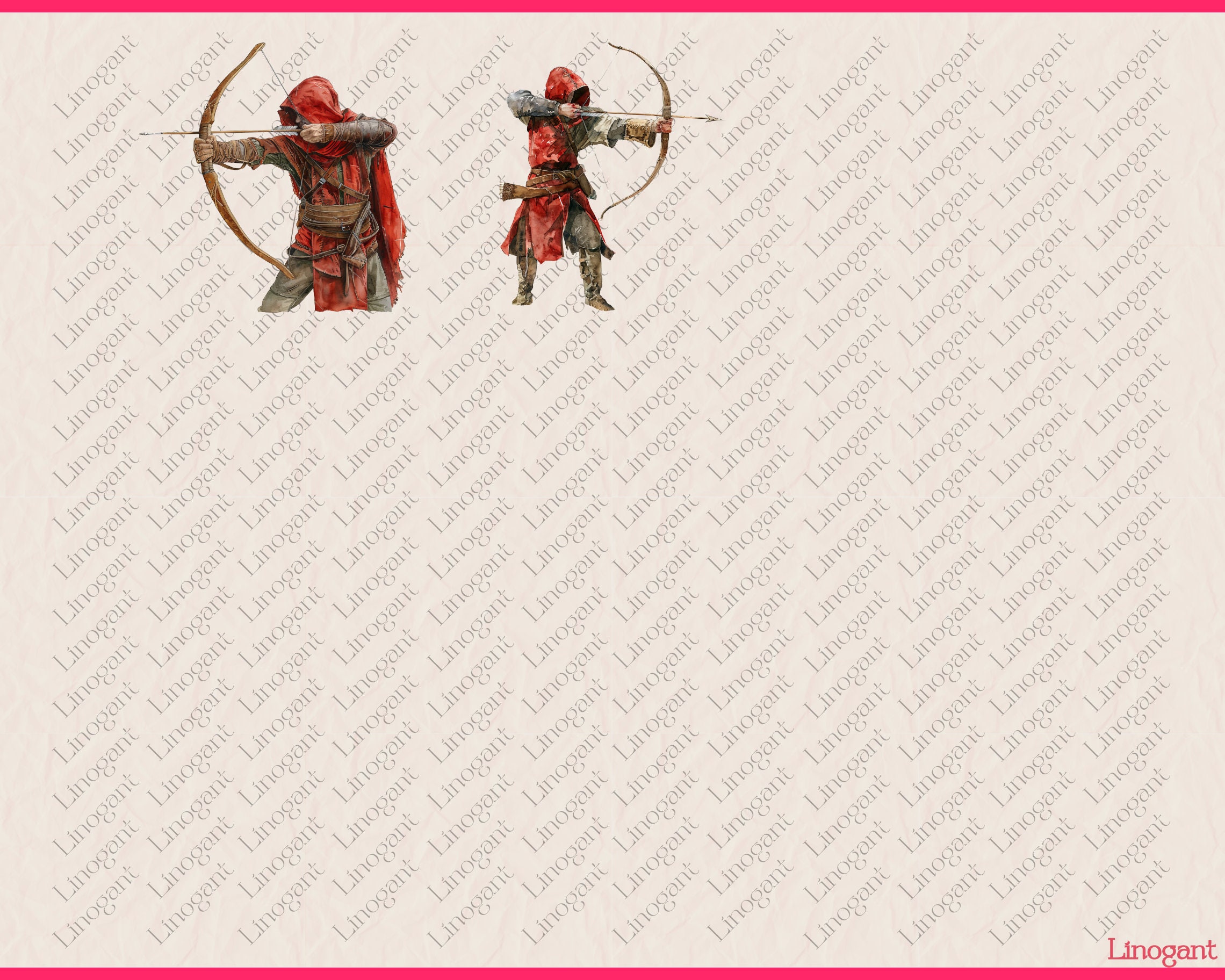 Watercolor Medieval Red Hood Archer Clipart Bundle, Historical Bowman ...