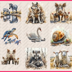 Watercolor Cute Mother and Baby Animals Clipart Bundle, Mom and Baby ...