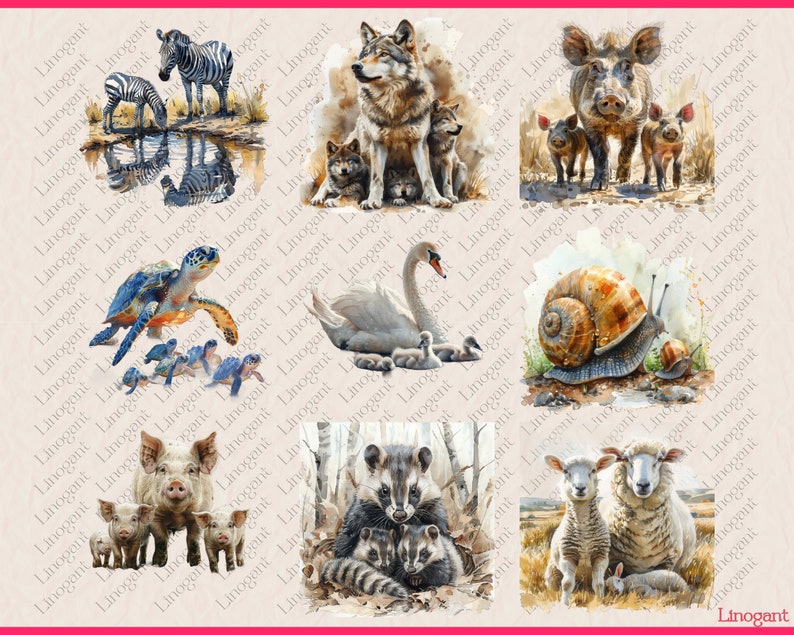 Watercolor Cute Mother and Baby Animals Clipart Bundle, Mom and Baby ...