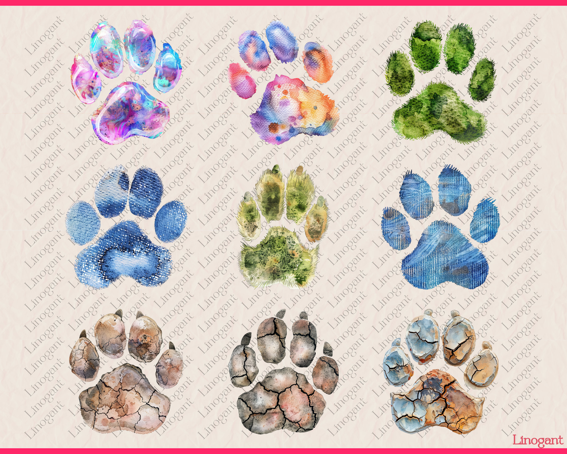 Watercolor Paw Print Clipart Bundle, Animal Footprint Clip Art Set ...
