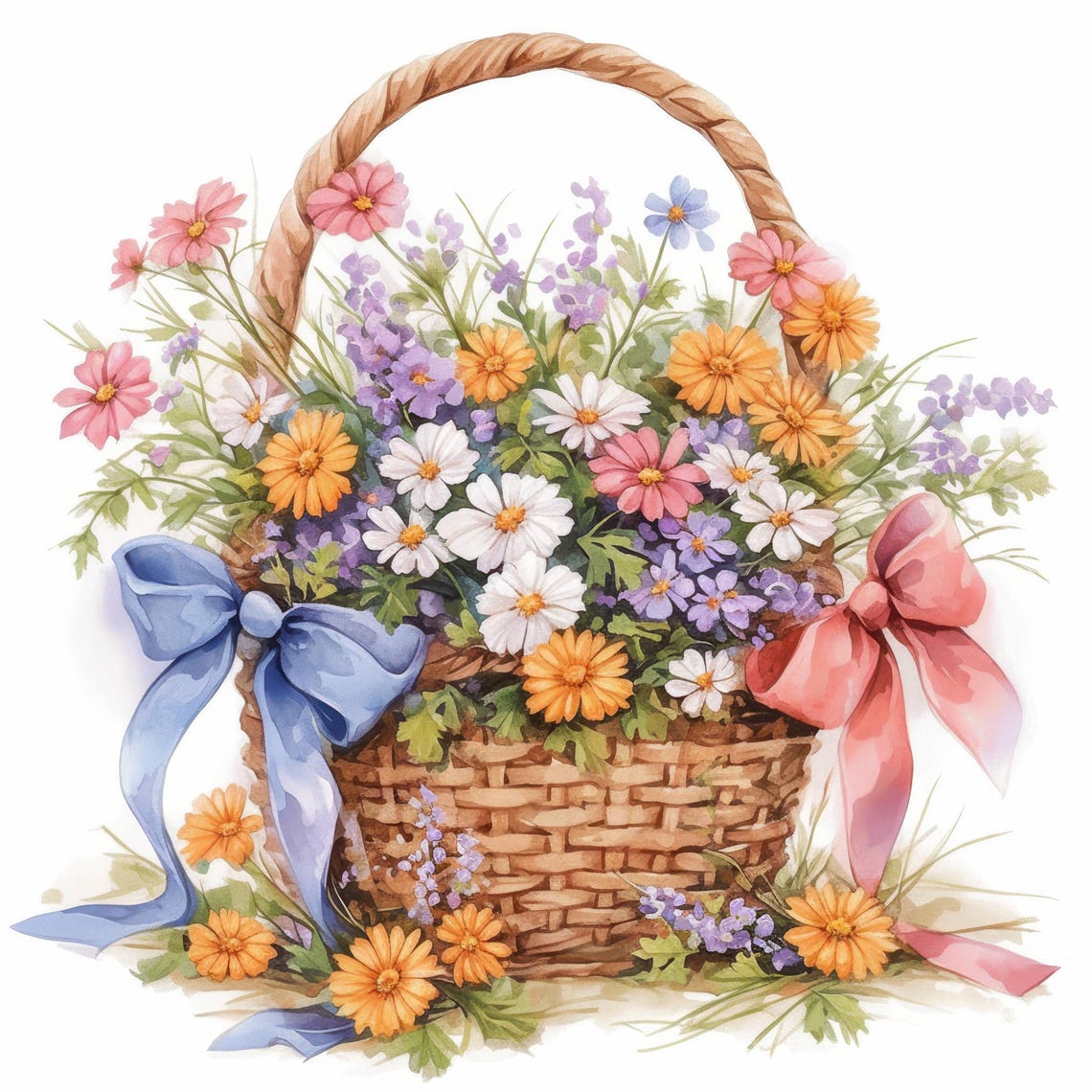 18 Spring Floral Basket Clipart, Blooming Flower Arrangement ...