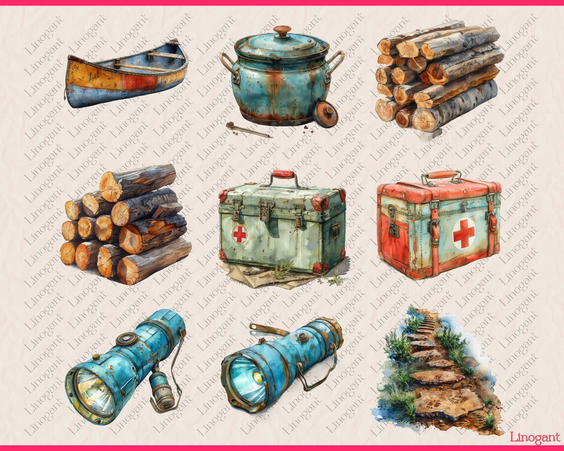 Watercolor Camping Clipart Bundle, Camp Gear Clip Art Set, Campfire ...