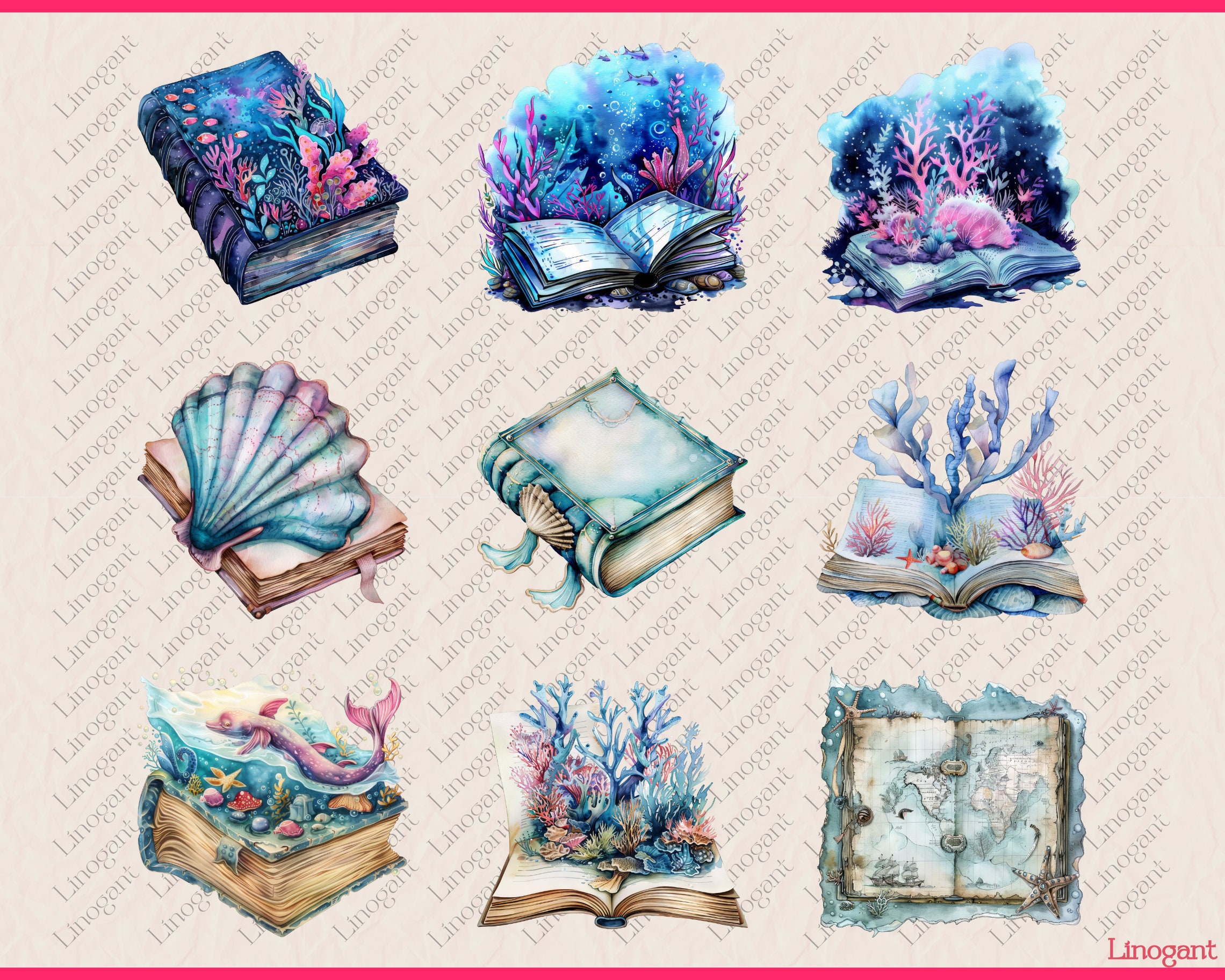 Watercolor Undersea Book Clipart Bundle, Grimoires Clip Art Set ...
