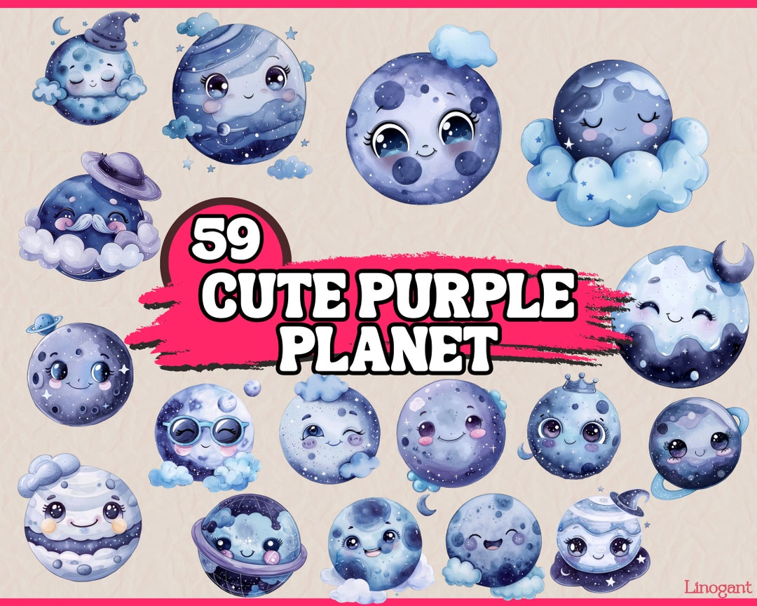 Watercolor Cute Purple Planet Clipart Bundle, Kawaii Nursery Decor Clip ...